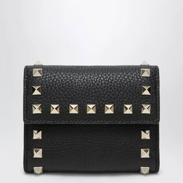 Valentino Garavani Rockstud Trifold Wallet In Grained Calfskin - Black