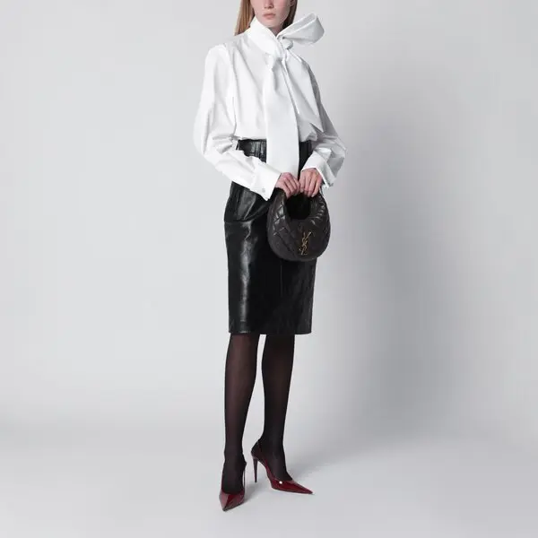 Saint Laurent Crinkled Calfskin Belted Pencil Skirt - Black