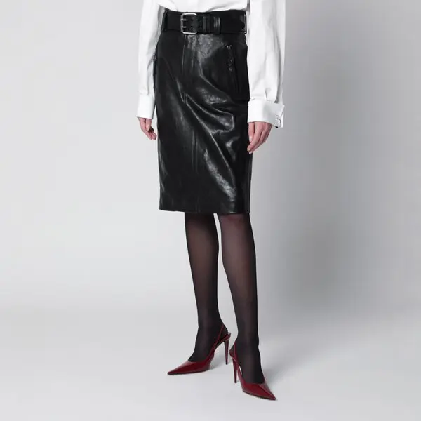 Saint Laurent Crinkled Calfskin Belted Pencil Skirt - Black