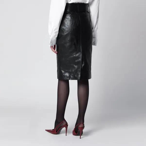 Saint Laurent Crinkled Calfskin Belted Pencil Skirt - Black
