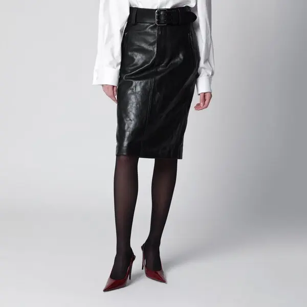 Saint Laurent Crinkled Calfskin Belted Pencil Skirt - Black