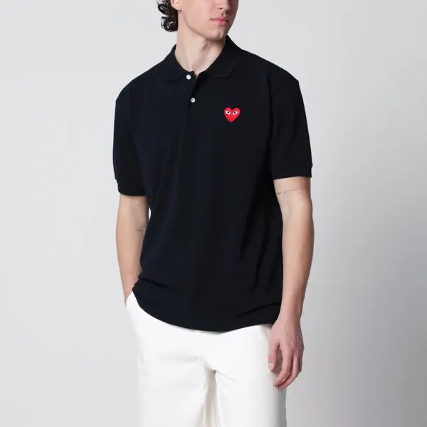 Play Comme Des Garcon Red Heart Polo Shirt In Navy Cotton