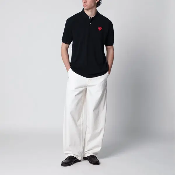 Play Comme Des Garcon Red Heart Polo Shirt In Navy Cotton