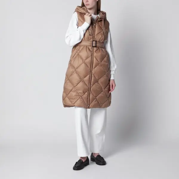 Max Mara Camel Belted Sleeveless Down Jacket - Beige
