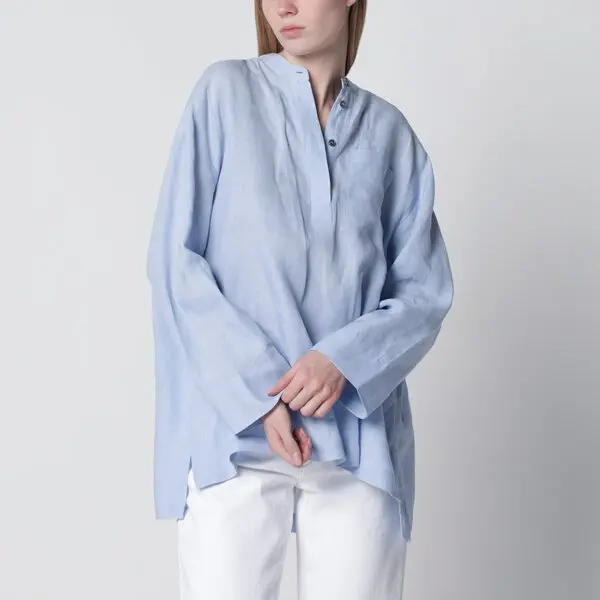Max Mara Pure Linen Mandarin-collar Shirt - Light Blue