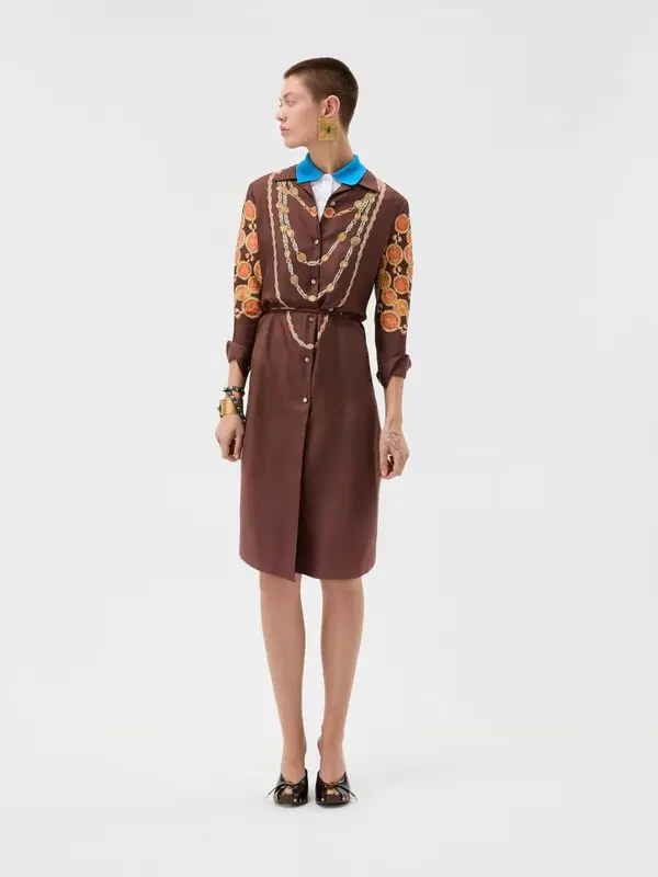 Versace Printed Silk Twill Mini Shirt Dress - Brown