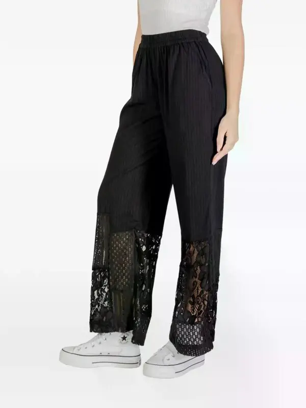 ICHI Lace-paneled Wide Leg Trousers - Black
