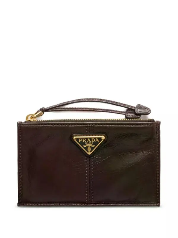 Prada Leather Card Holder With Zipper - Brown