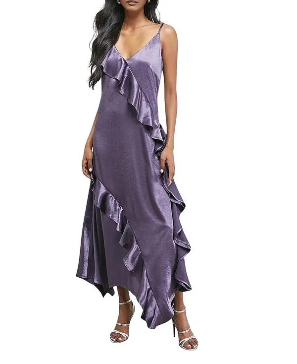 WAREHOUSE Metallic Satin Ruffle Slip Midi Dress