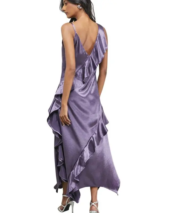 WAREHOUSE Metallic Satin Ruffle Slip Midi Dress