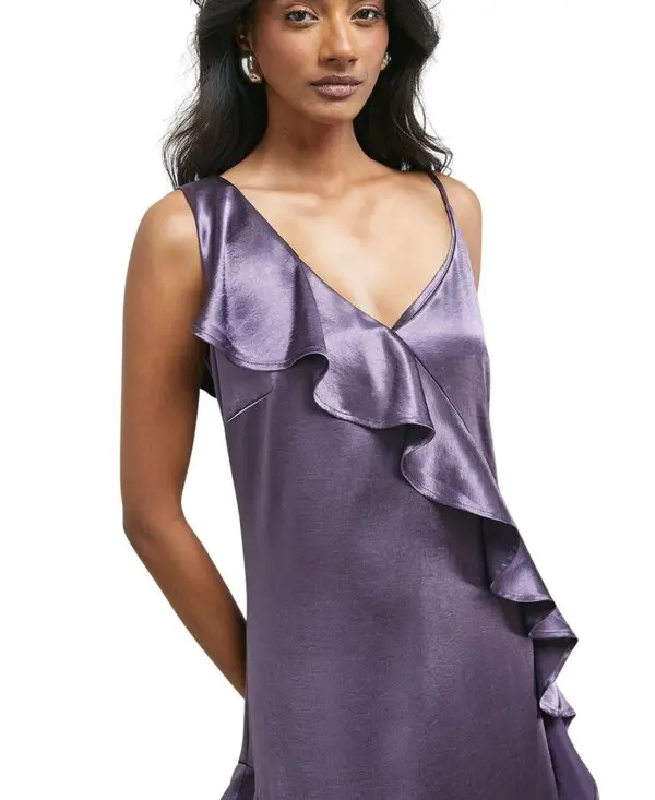 WAREHOUSE Metallic Satin Ruffle Slip Midi Dress