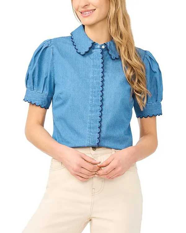 CECE DUPRAZ Scallop Trim Button Up Top - Light Indigo