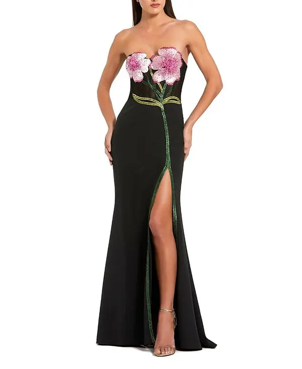 Mac Duggal Strapless Sheer Bustier Crystal Flower Gown - Black