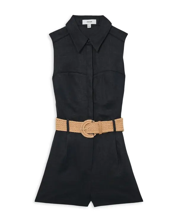REISS Linen Collared Romper - Navy