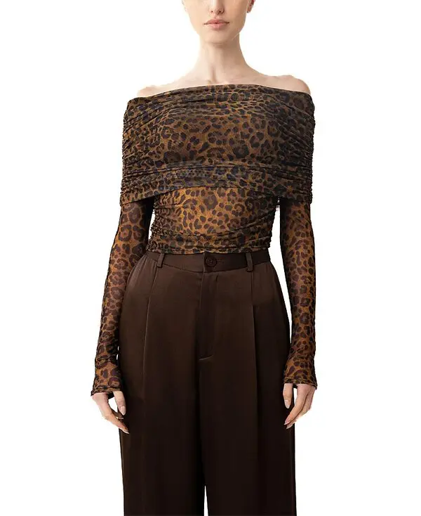 Lapointe Printed Mesh Off-the-shoulder Top - Leopard