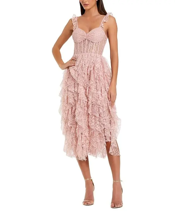 Mac Duggal Lace Bustier Midi Dress With Spiral Ruffles - Blush