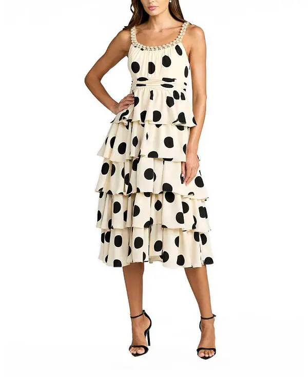 Mac Duggal Polka Dot Charmeuse Scoop Neck Ruffle Midi Dress - Black Ivory