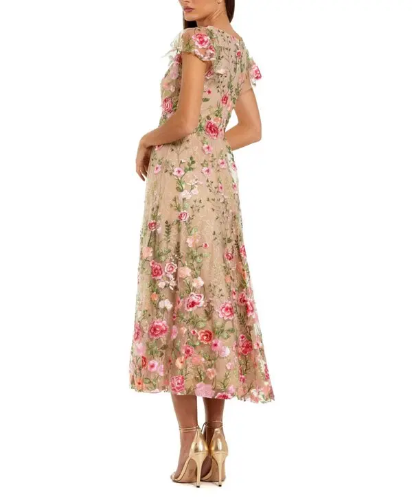 cap sleeve lace midi dress in ivory nude Mac Duggal - Beige Floral Embroidered Flutter Style-Color-Dim:AP1E213211_AA958_M