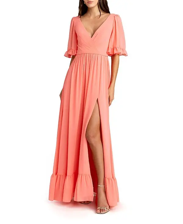 Mac Duggal V-neck Flutter Sleeve Chiffon Faux Wrap Maxi Gown - Coral