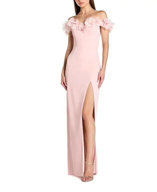 Mac Duggal Off-the-shoulder Column Gown With 3d Flowers - Dusty Rose