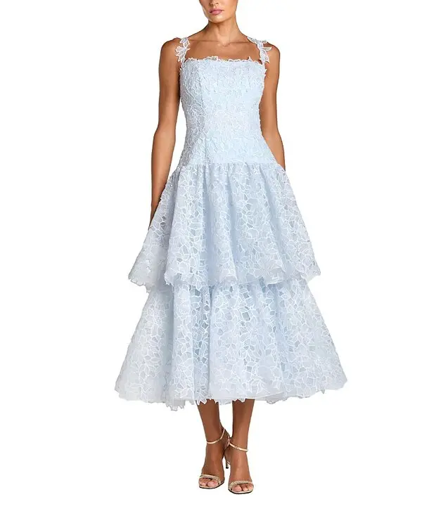 Mac Duggal Sleeveless Embroidered Lace Tiered Midi Dress - Powder Blue