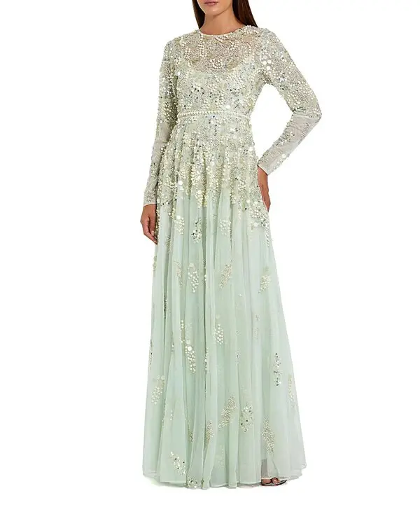 Mac Duggal Long Sleeve Sequin And Pearl Embellished Gown - Sage