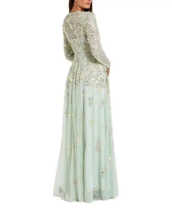 Mac Duggal Long Sleeve Sequin And Pearl Embellished Gown - Sage