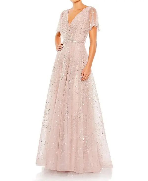 Mac Duggal Embellished Butterfly Sleeve Wrap Gown - Vintage Rose