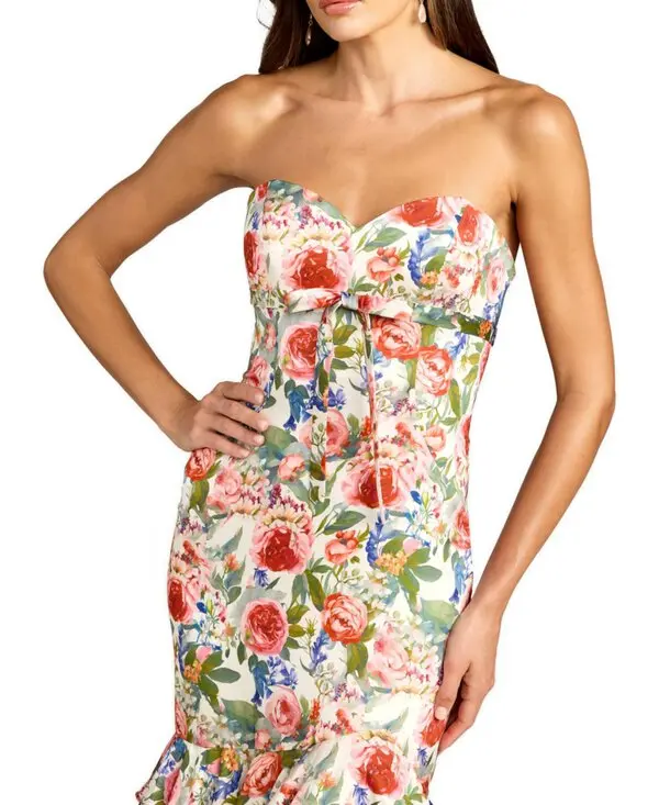 Mac Duggal Strapless Floral Charmeuse Ruffle A-line Gown