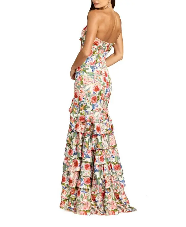 Mac Duggal Strapless Floral Charmeuse Ruffle A-line Gown