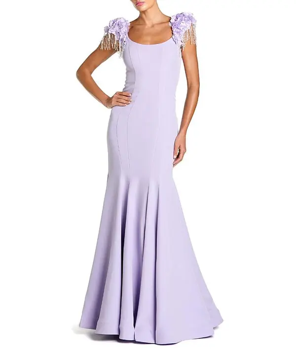 Mac Duggal Scoop Neck Mermaid Gown With Embellished Sleeves - Lilac