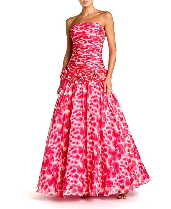 Mac Duggal Printed Chiffon Strapless Drop Waist Ballgown - Grapefruit Multi