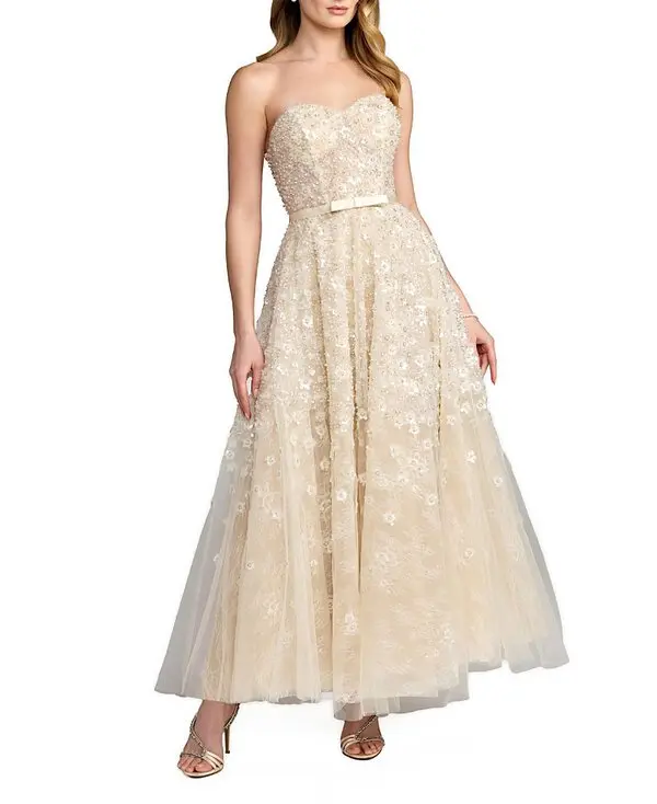 Mac Duggal Sequin Floral Strapless A-line Midi Dress