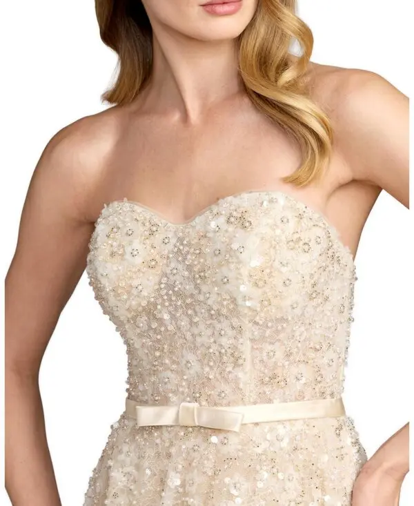 Mac Duggal Sequin Floral Strapless A-line Midi Dress