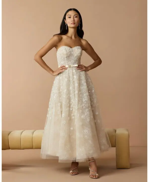 Mac Duggal Sequin Floral Strapless A-line Midi Dress