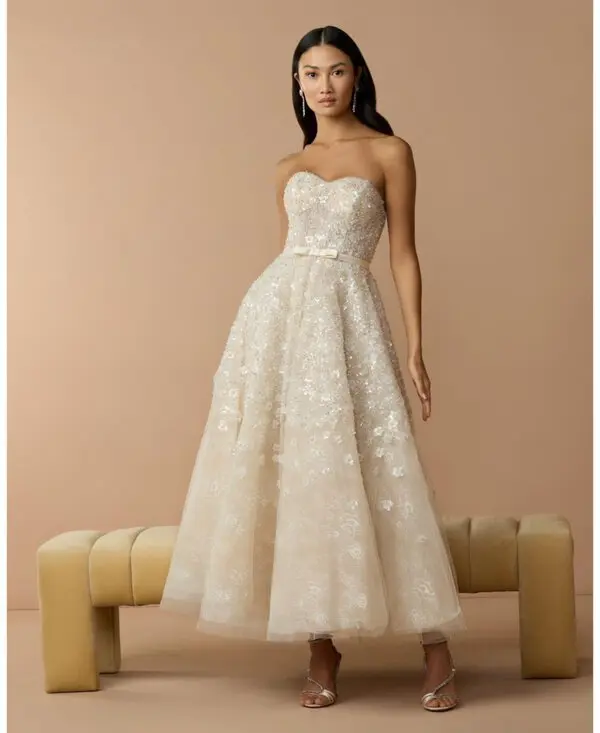 Mac Duggal Sequin Floral Strapless A-line Midi Dress