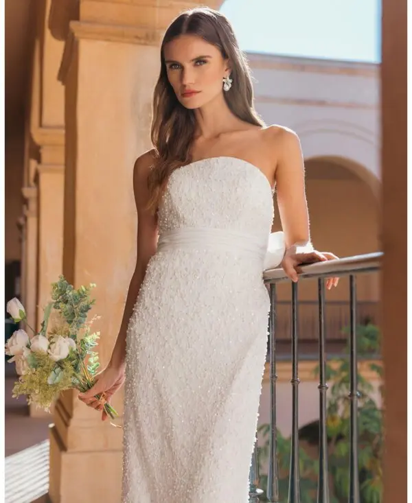 Mac Duggal Beaded Lace Strapless Fitted Midi Dress With Bow