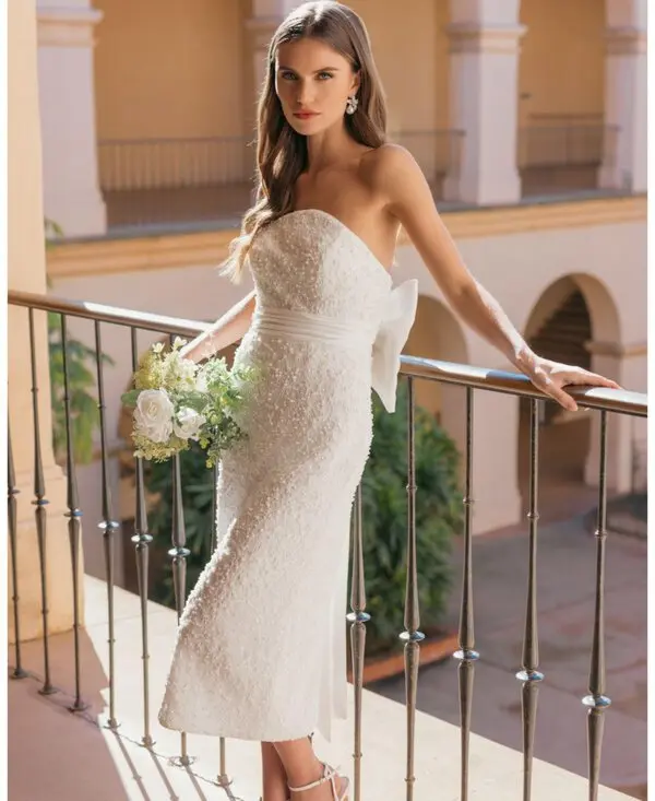Mac Duggal Beaded Lace Strapless Fitted Midi Dress With Bow