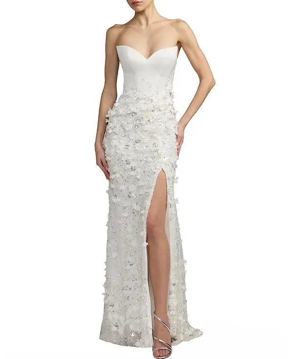 Mac Duggal Floral Satin Strapless Sweetheart Gown With Slit - Ivory