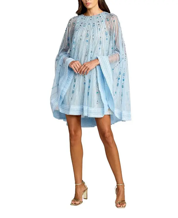 Mac Duggal Hand-beaded Lace Trapeze Mini Dress With Cape Sleeves - Powder Blue Nude