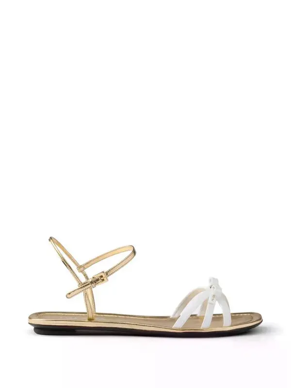Prada Patent And Metallic Leather Flat Sandals With Bow Detail - Gold