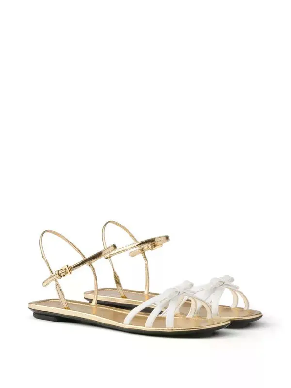 Prada Patent And Metallic Leather Flat Sandals With Bow Detail - Gold