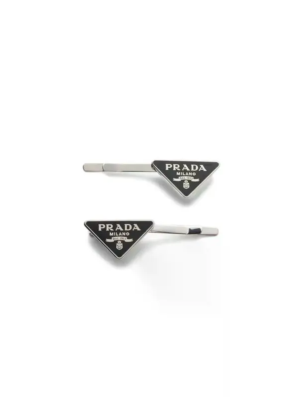 Prada Enamelled Triangle Logo Hair Clips Set Of Two - Silver