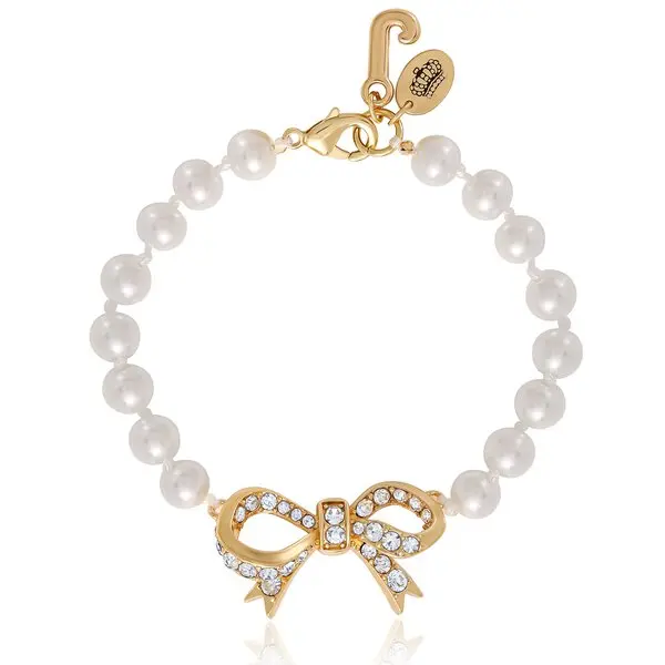 Juicy Couture Pearl Bracelet With Pave Bow - Gold Tone