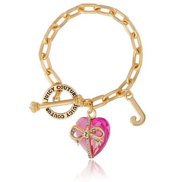 Juicy Couture Heart Stone & J Charm Bracelet - Goldtone Hot Pink Pendant