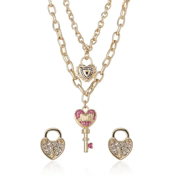 Juicy Couture Key Charm Layered Necklace And Lock Earring Set - Gold Tone