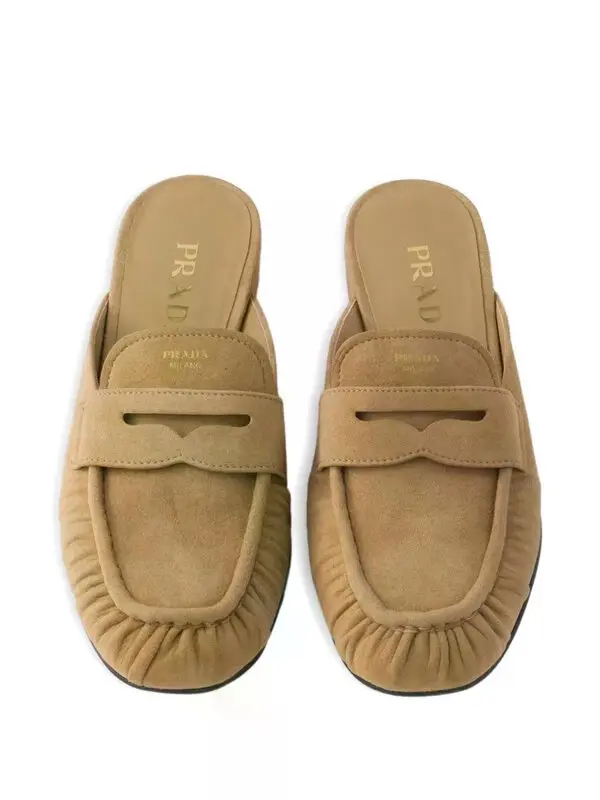 Prada Suede Mules With Lettering Logo - Neutrals