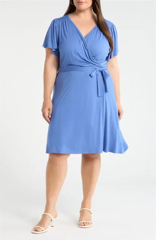 Loveappella Flutter Sleeve Faux Wrap Jersey Dress - Denim