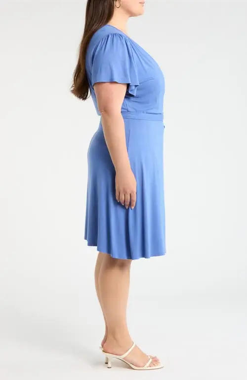 Loveappella Flutter Sleeve Faux Wrap Jersey Dress - Denim