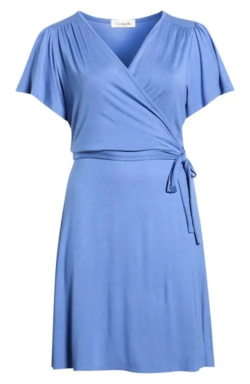 Loveappella Flutter Sleeve Faux Wrap Jersey Dress - Denim